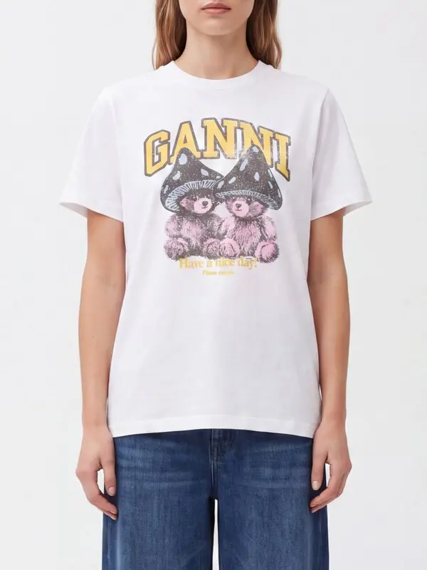 GANNI Teddy Bear Print Organic Cotton T-shirt With Logo - White