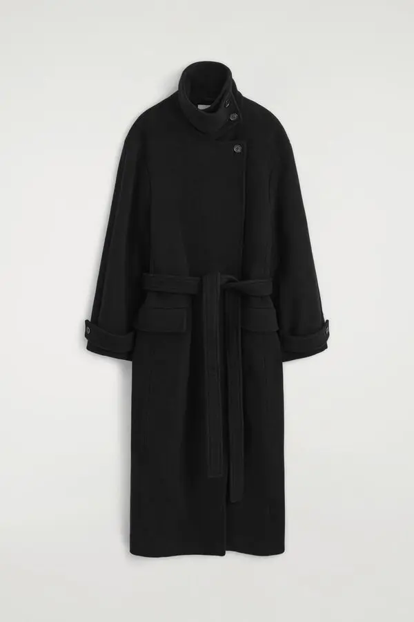Cos Belted Wool-blend Mock-neck Coat - Black