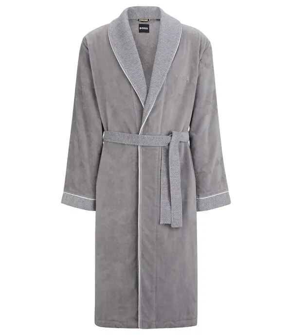 BOSS Cotton-velvet Dressing Gown With Textured Trims - Grey