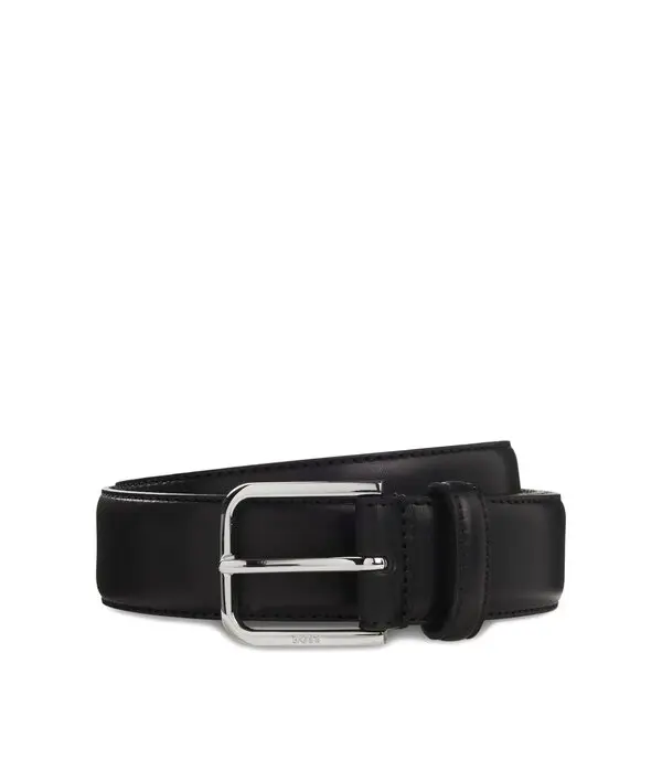 BOSS Leather Business Belt With Polished Silver Buckle - Black