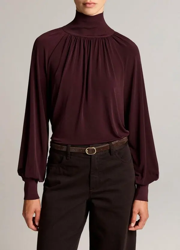 Vince Rib-trim Gathered Long-sleeve Turtleneck Top - Plum