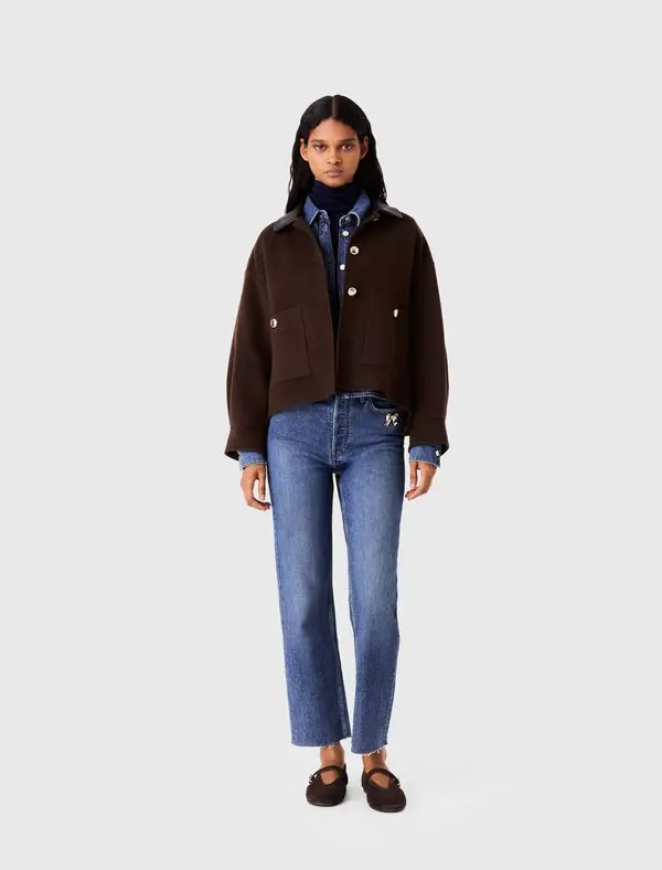 Maje Short Wool Jacket With Pleated Back - Brown