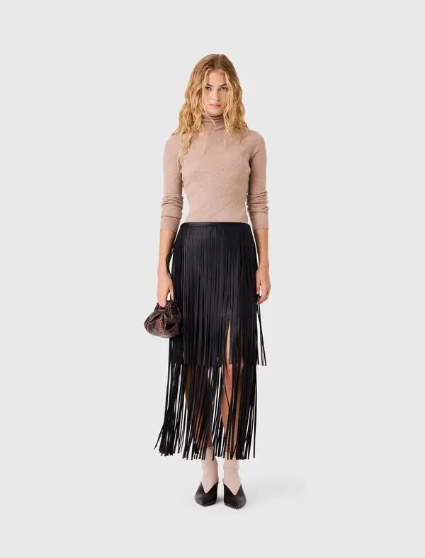 Maje Fringed Faux Leather Skirt - Black