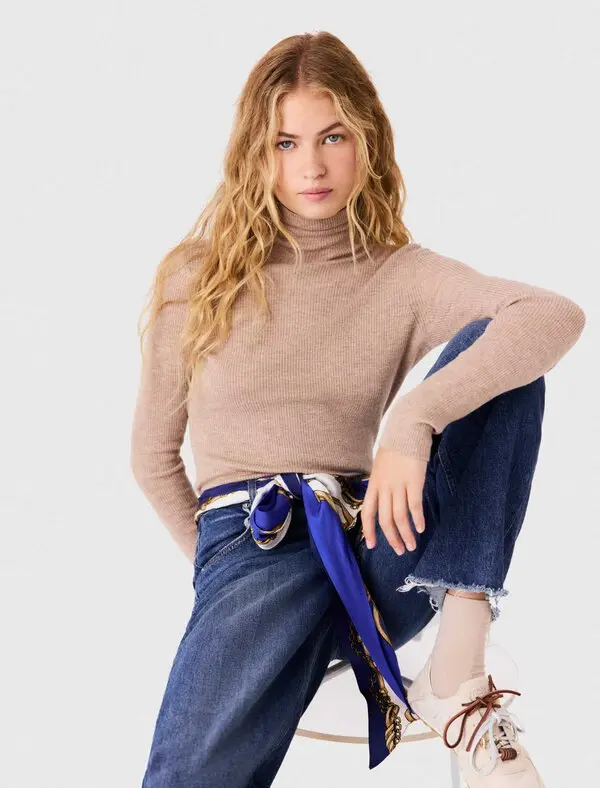 Maje Fitted Ribbed High-neck Sweater - Beige