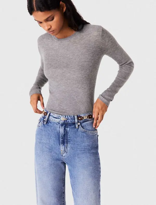 Maje Round Neck Ribbed Fine Knit Jumper - Grey
