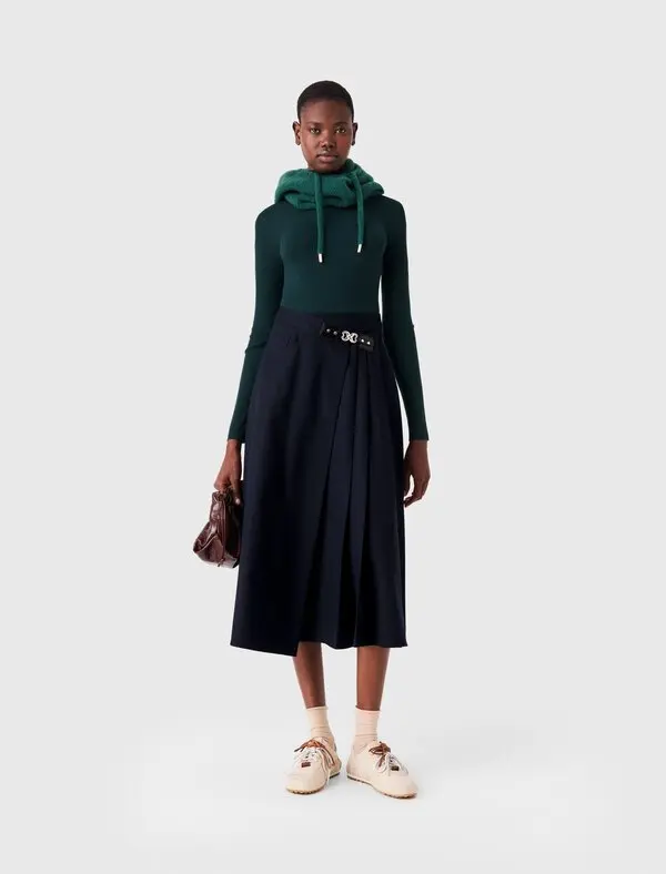 Maje Long Pleated Skirt With Buckle - Navy