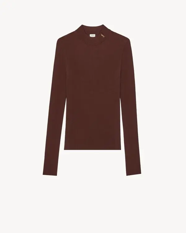 Saint Laurent Cassandre Stand-collar Top In Ribbed Silk - Chocolat