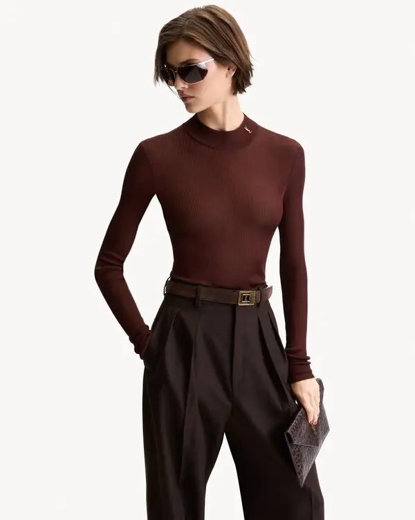 Saint Laurent Cassandre Stand-collar Ribbed Silk Top