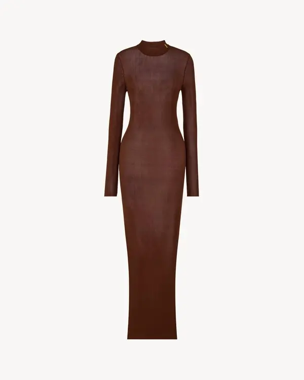 Saint Laurent Cassandre Collar Dress In Rib-knit Silk - Chocolat