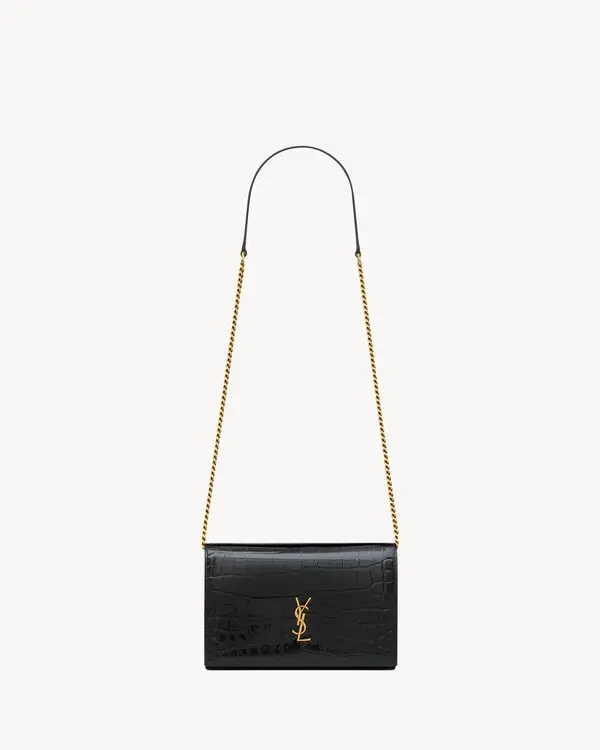 Saint Laurent Cassandre Envelope Chain Wallet In Crocodile-embossed Patent Leather - Black