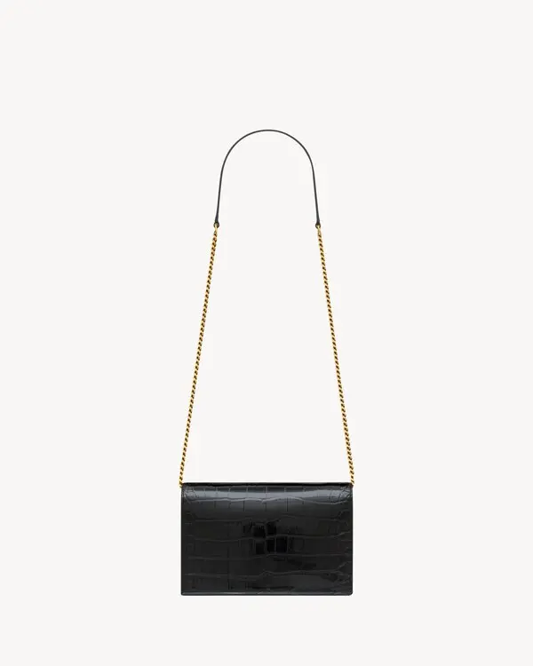 Saint Laurent Cassandre Envelope Chain Wallet In Crocodile-embossed Patent Leather