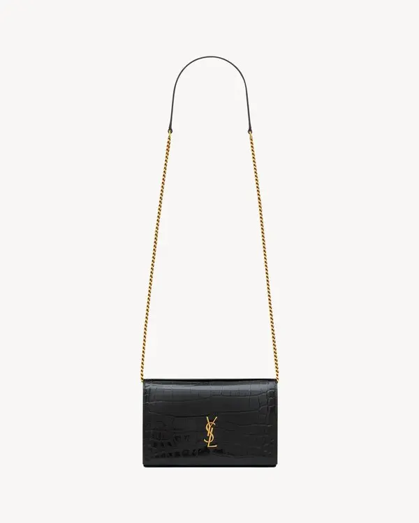 Saint Laurent Cassandre Envelope Chain Wallet In Crocodile-embossed Patent Leather - Black