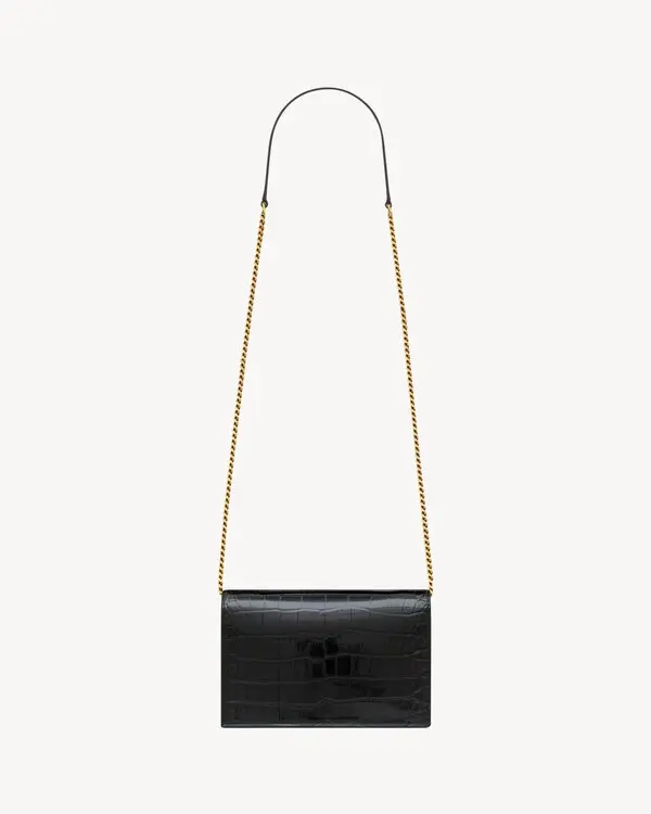 Saint Laurent Cassandre Envelope Chain Wallet In Crocodile-embossed Patent Leather - Black