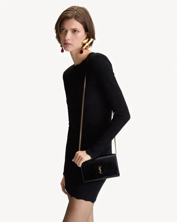 Saint Laurent Cassandre Envelope Chain Wallet In Crocodile-embossed Patent Leather - Black