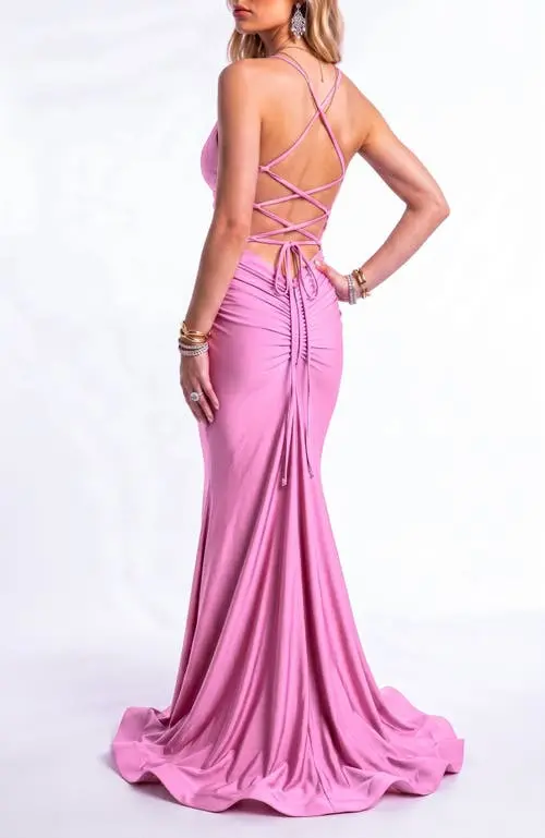 JESSICA ANGEL Ruched Lace-up Open Back Mermaid Gown - Light Pink