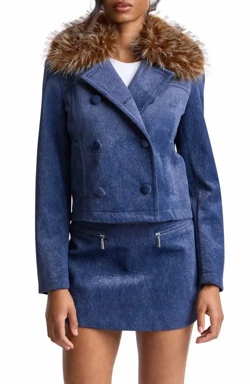 Avec Les Filles Faux Fur Collar Double Breasted Jacket - Bright Blue