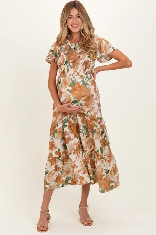 PINKBLUSH Floral Smocked Tiered Midi Dress - Mocha