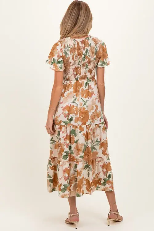 PINKBLUSH Floral Smocked Tiered Midi Dress