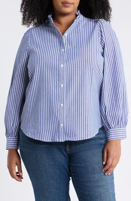 SUGARLIPS Striped Ruffle Collar Shirt - Blue-stripe
