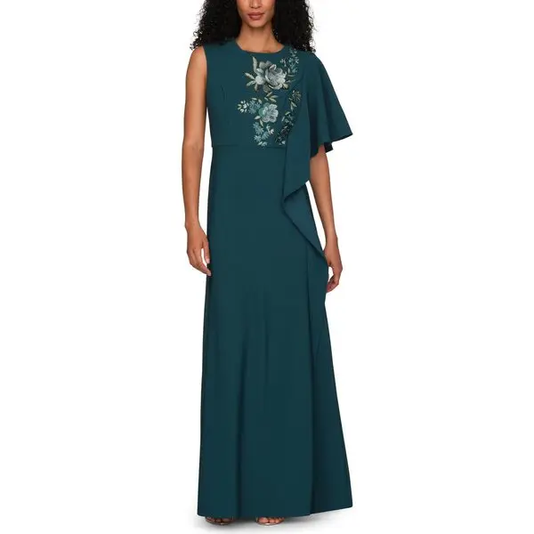 KAY UNGER Alisha Embroidered Floral Detail Asymmetric Sleeve Gown - Deep Teal
