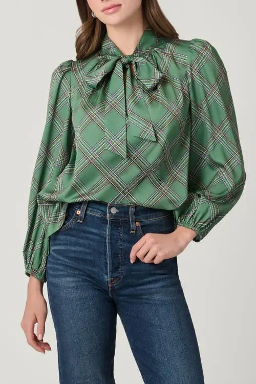 Shoshanna Dashed Plaid Satin Charmeuse Rye Top - Olive Multi