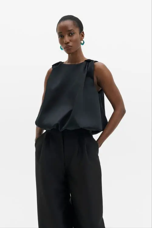 MALINA Valentina Knotted Shoulder Satin Top - Black