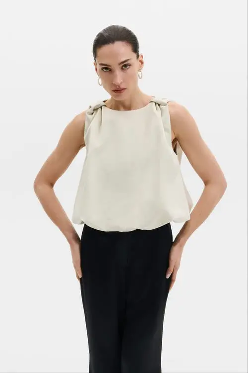 MALINA Valentina Knotted Shoulder Satin Top - Pearl
