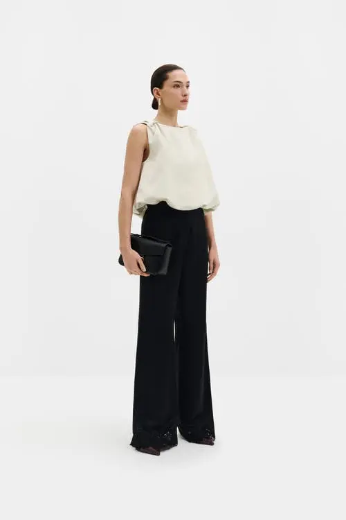 MALINA Valentina Knotted Shoulder Satin Top - Pearl