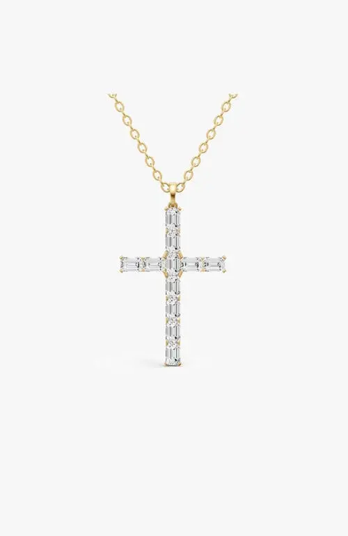 SEREIA OFFICIAL 14k Gold Emerald Cut Diamond Cross Pendant Necklace - Yellow Gold