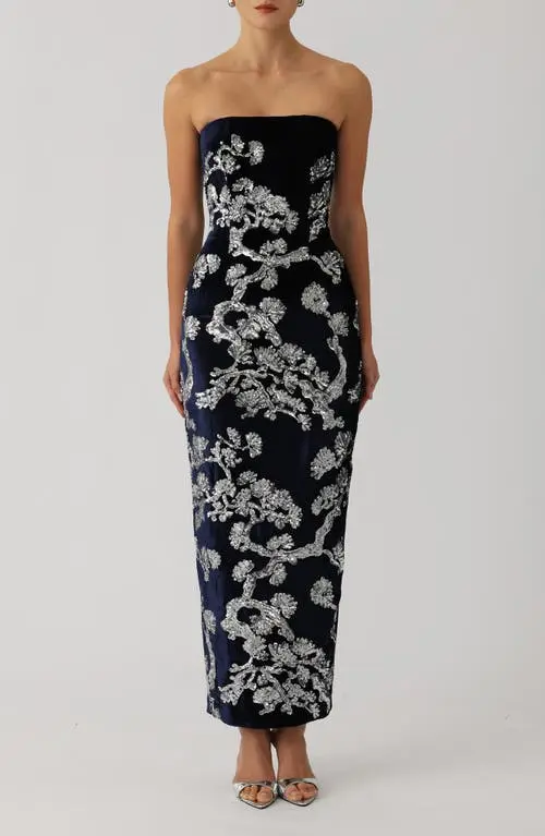 SAU LEE Ilsa Sequin Strapless Silk Velvet Sheath Gown - Midnight Blue