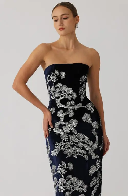 SAU LEE Ilsa Sequin Strapless Silk Velvet Sheath Gown