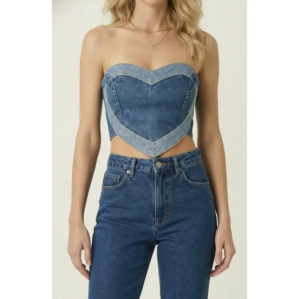 MODENAIRE Strapless Denim Heart Shaped Panel Corset Top - Medium-wash Blue