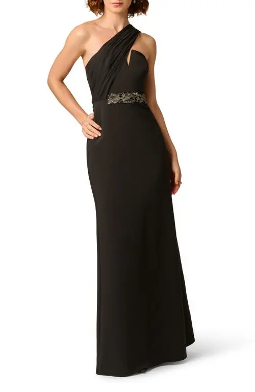 Aidan Mattox Bead Detail One-shoulder Stretch Crepe Gown - Black