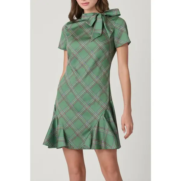 Shoshanna Dashed Plaid Satin Charmeuse Bosher Dress - Olive Multi