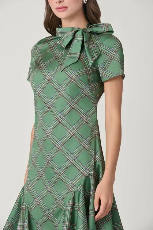 Shoshanna Dashed Plaid Satin Charmeuse Bosher Dress