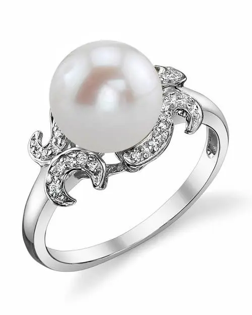 The Pearl Source Freshwater Pearl & Diamond Crown Jewel Ring - White Gold