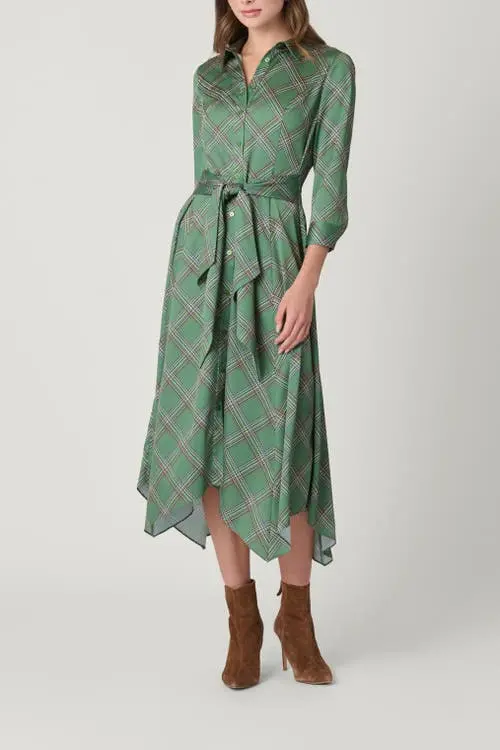 Shoshanna Dashed Plaid Satin Charmeuse Laine Dress - Olive Multi
