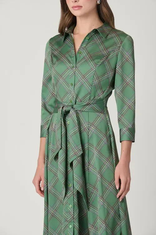 Shoshanna Dashed Plaid Satin Charmeuse Laine Dress