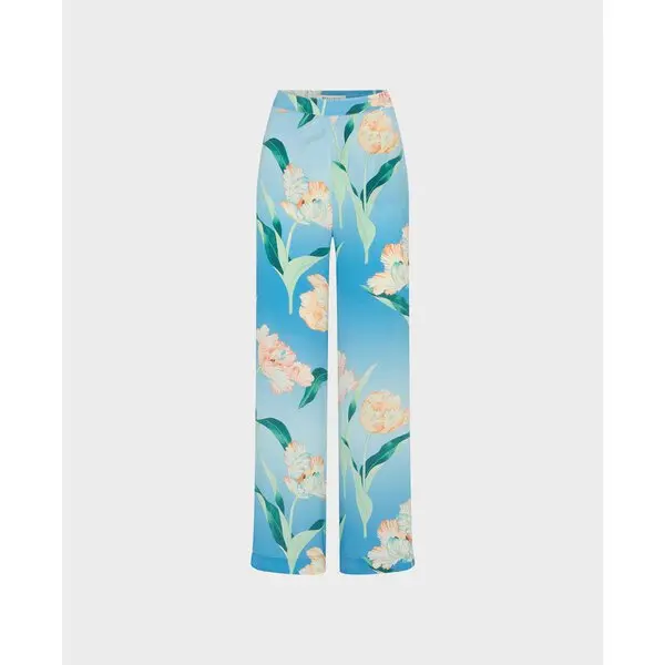 REALLY WILD CLOTHING Barr Liberty Silk Satin Wide Leg Silk Palazzo Pants - Blue