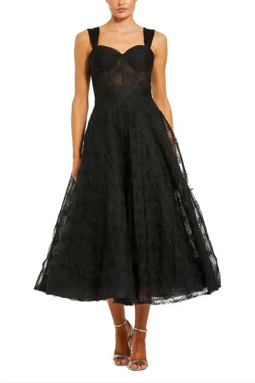 Mac Duggal Sleeveless A Line Bustier Floral Tulle Midi Dress - Black