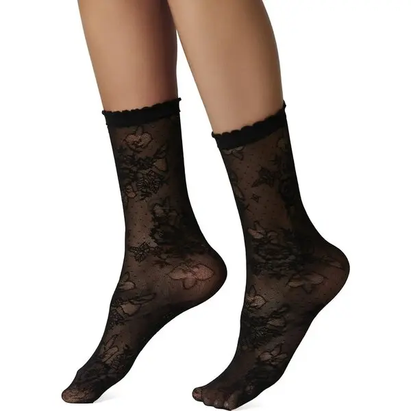 STEMS Margaux Floral Lace Crew Socks - Black