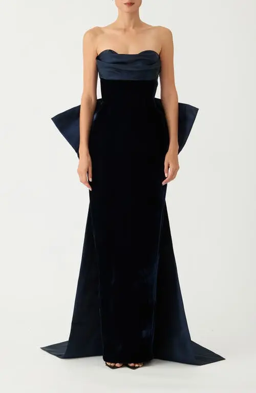 SAU LEE Tiffany Satin & Velvet Gown - Midnight Blue