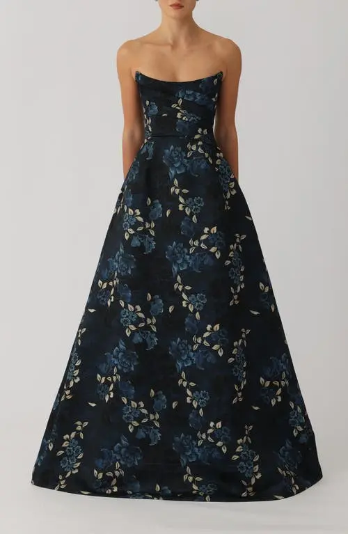 SAU LEE Anika Pleated Strapless Satin Ballgown - Midnight Blue