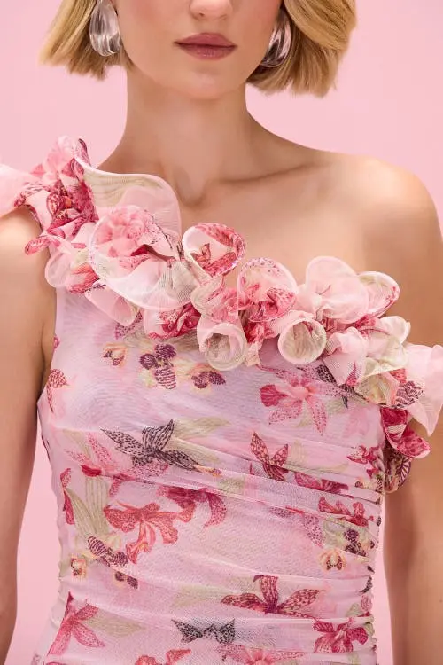 PatBO Orchid Bloom One Shoulder Chiffon Mini Dress