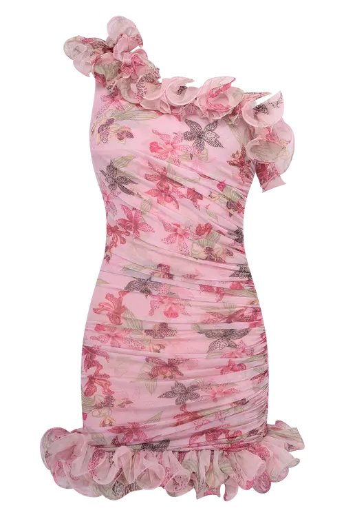 PatBO Orchid Bloom One Shoulder Chiffon Mini Dress