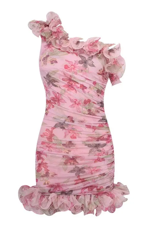 PatBO Orchid Bloom One-shoulder Chiffon Mini Dress - Rose