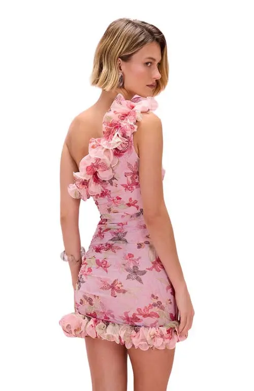 PatBO Orchid Bloom One-shoulder Chiffon Mini Dress - Rose
