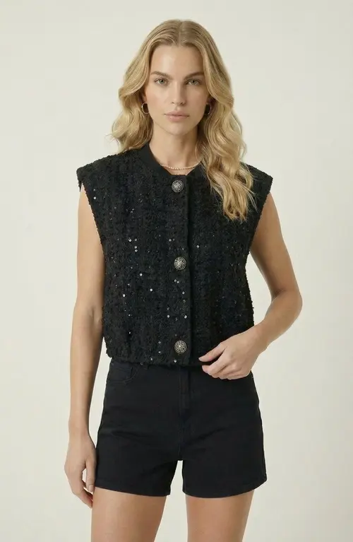 MODENAIRE Sleeveless Statement Buttons Textured Top - Black