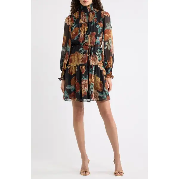 Julia Jordan Floral Long Sleeve Dress - Black Orange