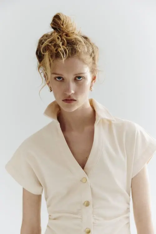 H&M Short-sleeved Denim Dress - Cream